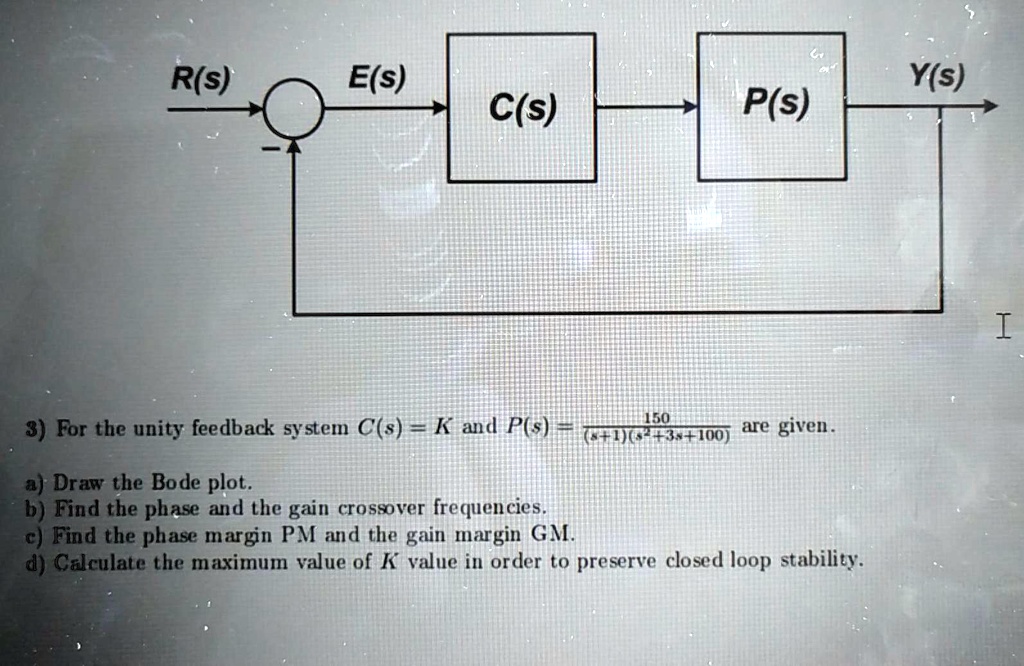 SOLVED: R(s) E(s) Y(s) C(s) P(s) T a)Draw the Bode plot b) Find the phase and the gain crossover ...