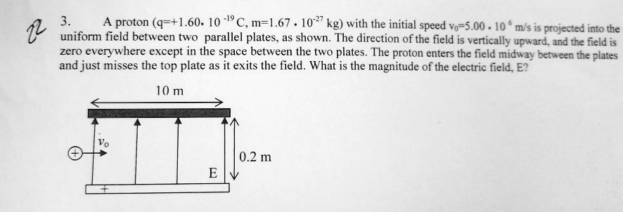 SOLVED: A proton (q = +1.60 * 10^-19 C, m = 1.67 * 10^-27 kg) with the initial speed Vo = 5.00 ...