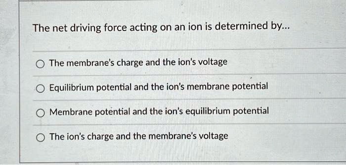 The net driving force acting on an ion is determined by... The membrane ...