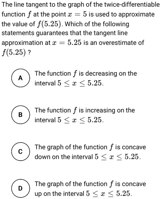 the line tangent to the graph of the twice differentiable function f at the point x 5 is used to ...