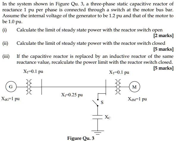 In the system shown in Figure Qu. 3, a three-phase static capacitive reactor of reactance 1 pu ...