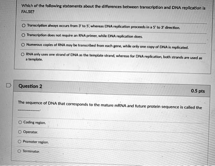 SOLVED: Which of the following statements about = the differences bctween transcription and DNA ...