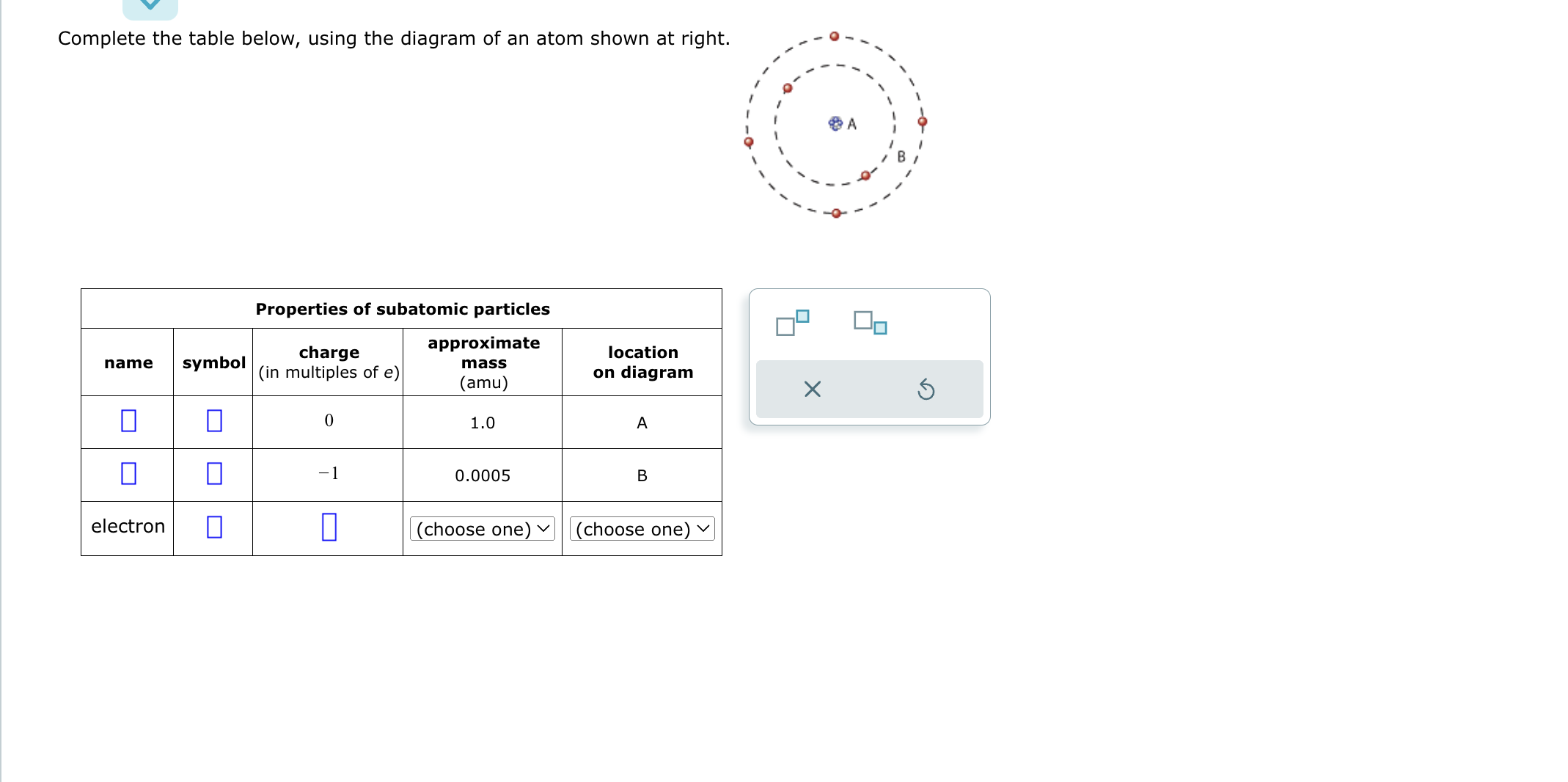 SOLVED: Complete the table below, using the diagram of an atom shown at ... SOLVED: Complete the table below, using the diagram of an atom shown at ...