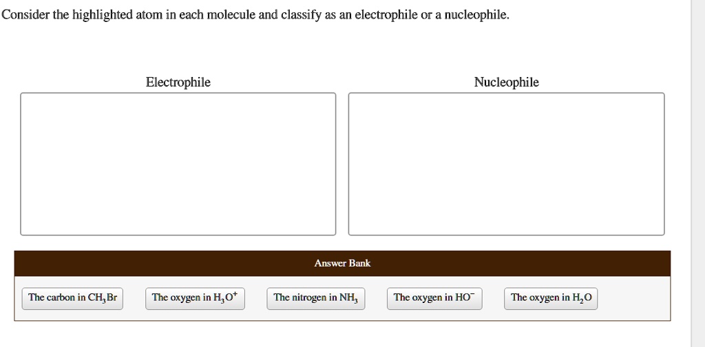 SOLVED: Consider the highlighted atom in each molecule and classify as an electrophile or a ...