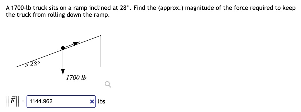 A 1700-lb truck sits on a ramp inclined at 28°. Find the (approx ...