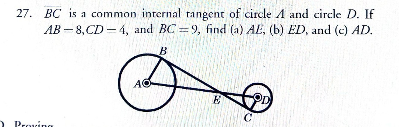 SOLVED: 27. B C is a common internal tangent of circle A and circle D ...