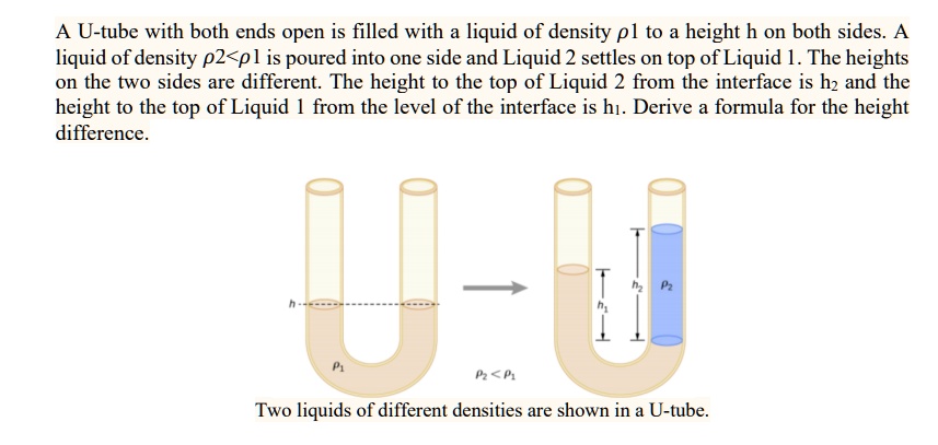 A U-tube with both ends open is filled with a liquid of density ρ1 to a ...