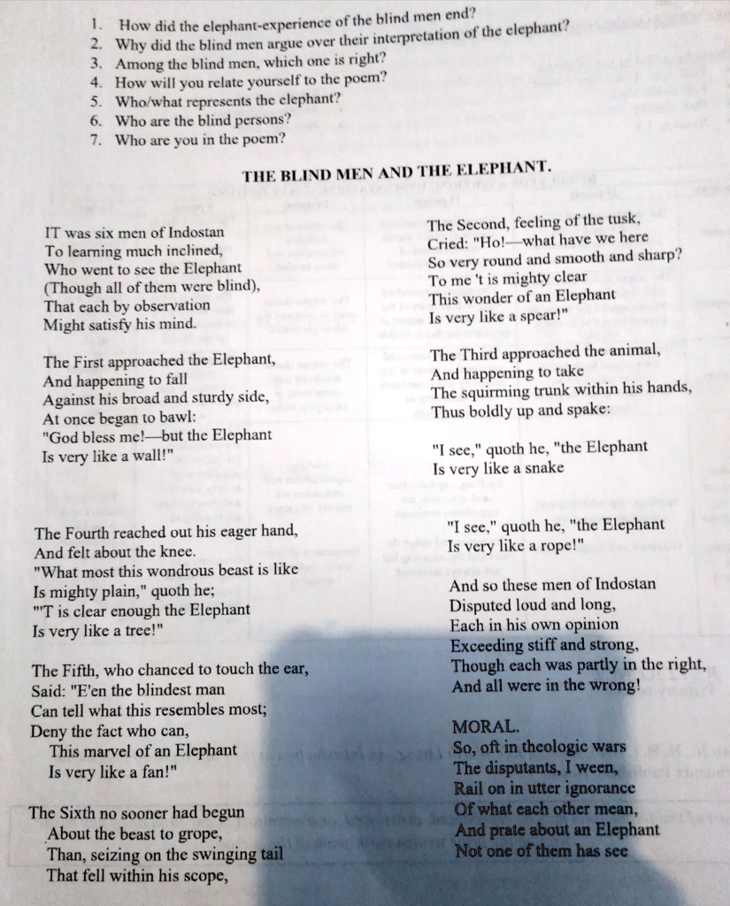 hope you can help thanks of the blind men end how did the elephant ...