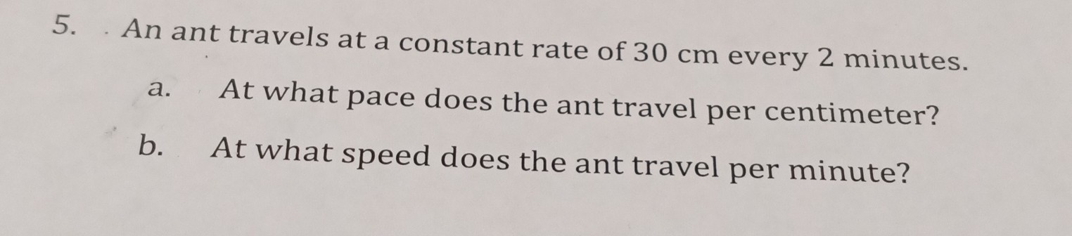 5. An ant travels at a constant rate of 30 cm every 2 minutes. a. At ...