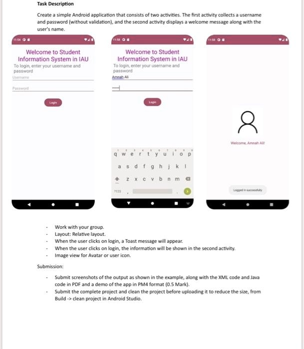 Solved Texts Java Code Xml Code 👍🏼 Task Description Create A Simple Android Application That