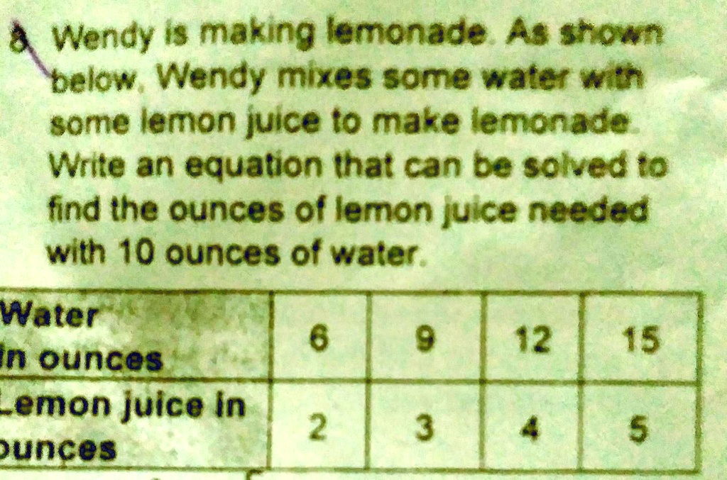 Wendy is making lemonade. As shown below, Wendy mixes some water with some lemon juice to make ...