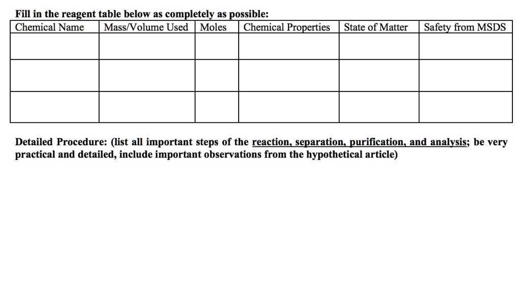 Text: Fill in the reagent table below as completely as possible ...