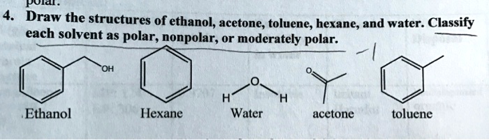 SOLVED: pulal Draw the structures of ethanol, acetone, toluene, hexane, and water: Classify each ...