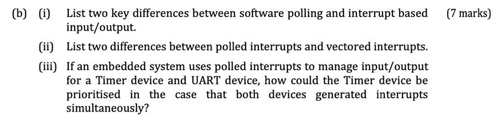 B I List Two Key Differences Between Software Polling And Interrupt Based Inputoutput 7 Marks Ii