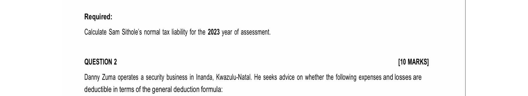 required calculate sam sitholes normal tax liability for the 2023 year ...