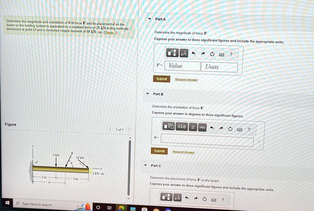 Determine The Magnitude And Orientation Of θ Of Force F And Its Placement D On The Beam So The