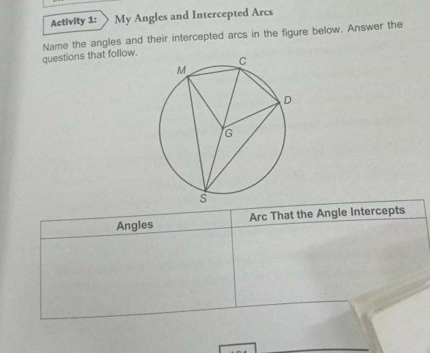 SOLVED: Activity 1: My Angles and Intercepted Arcs Name the angles and their intercepted arcs in ...