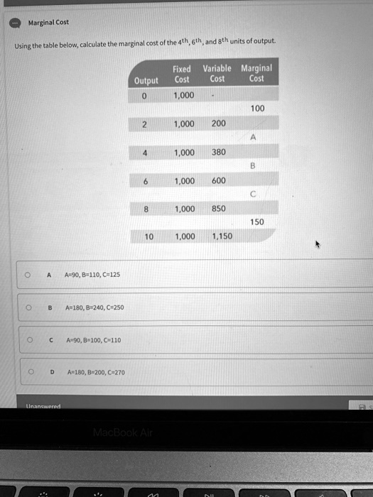 SOLVED: Using the table below, calculate the marginal cost of the 4th, 6th, and 8th units of ...