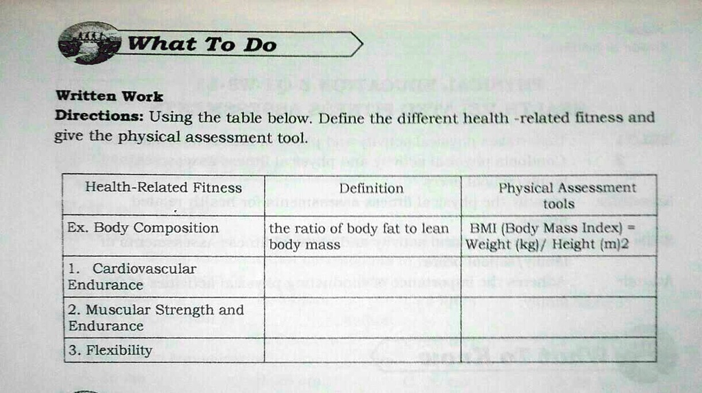 SOLVED: Using the table below, define the different health-related ...