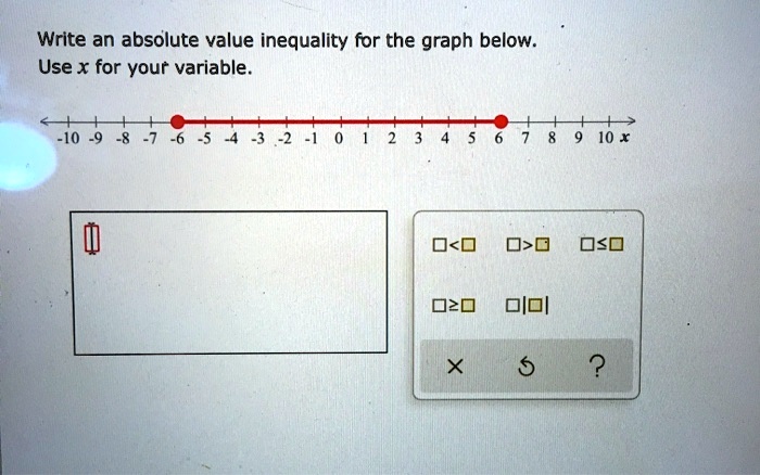 SOLVED: Write an absolute value inequality for the graph below. Use x for your variable. -10 -9 O