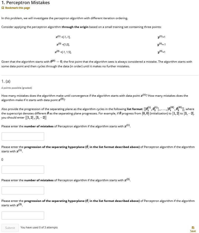 Solved Perceptron Mistakes Bookmark This Page In This Problem We Will Investigate The
