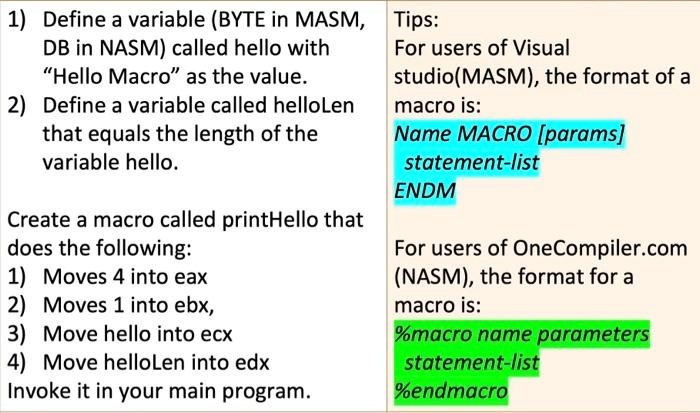 Solved In Assembly Language 1 Define A Variable Byte In Masm Db In Nasm Called Hello With