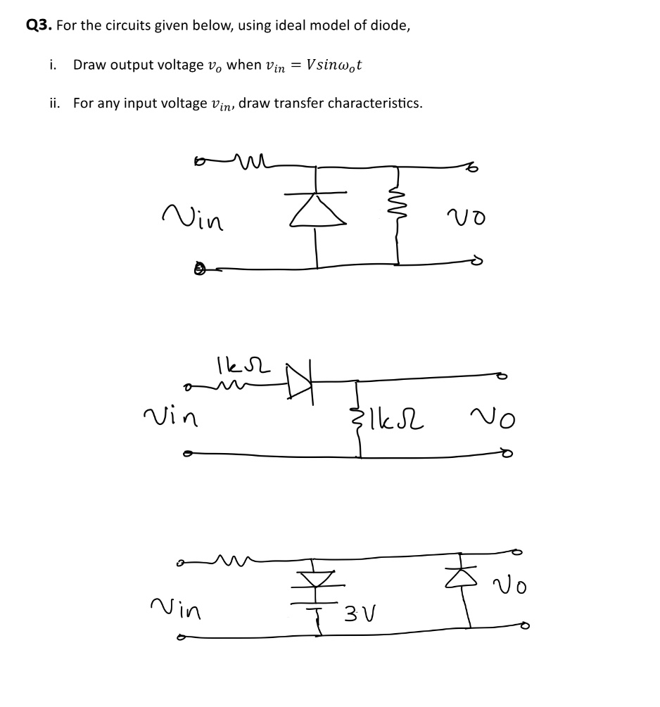 SOLVED: Q3. For the circuits given below, using the ideal model of a diode: i. Draw the output ...