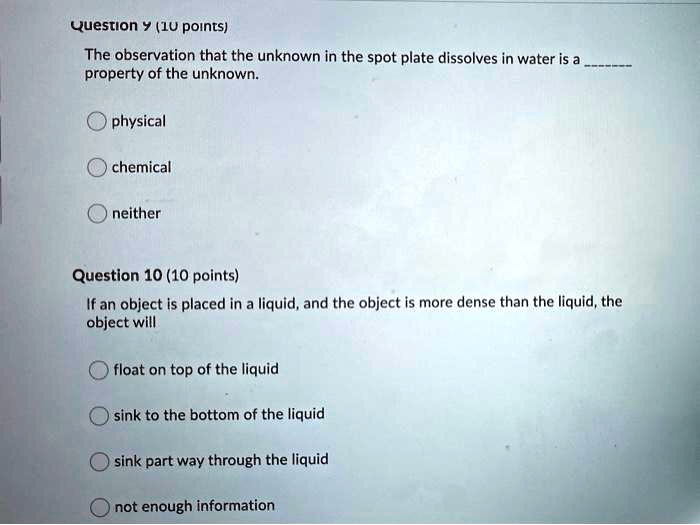 SOLVED: Question % (IU points) The observation that the unknown in the spot plate dissolves in ...