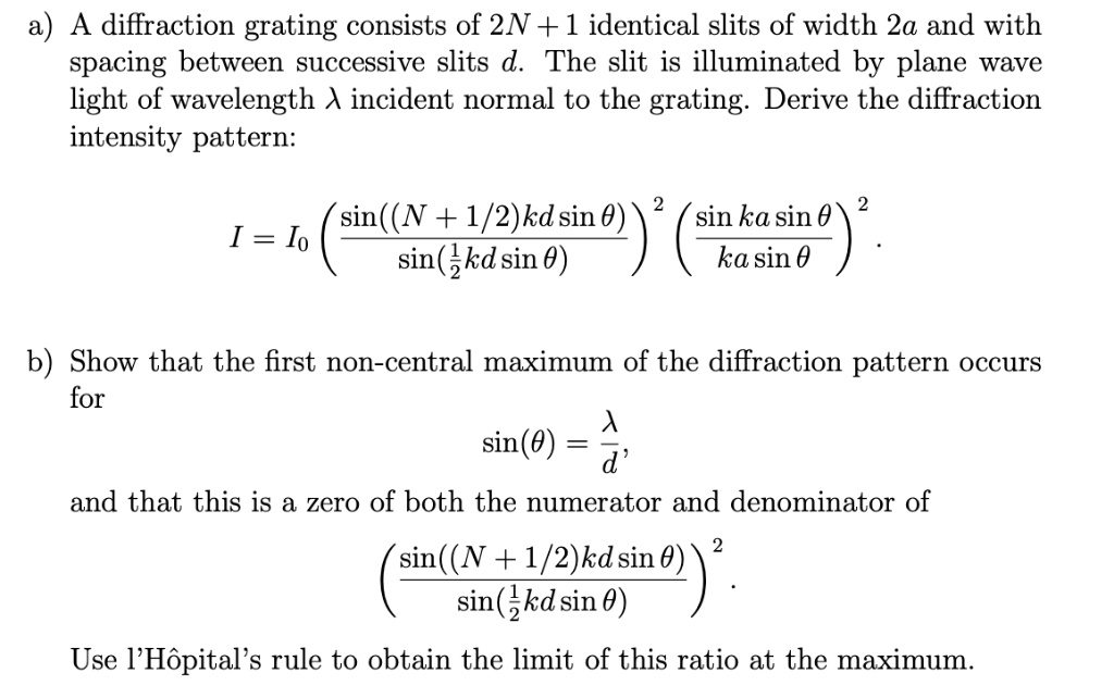 a) A diffraction grating consists of 2N + 1 identical slits of width 2a and with spacing between ...