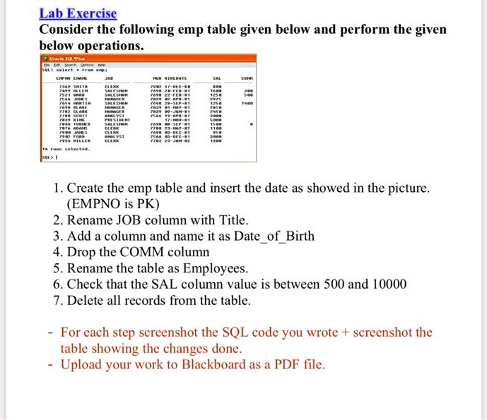 SOLVED: using sql live plz... Lab Exercise Consider the following emp ... SOLVED: using sql live plz... Lab Exercise Consider the following emp ...