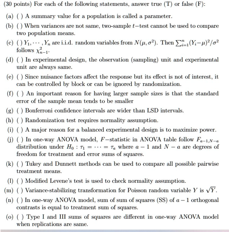 SOLVED: (30 points) For each of the following statements, answer true (T) or false (F): () A ...