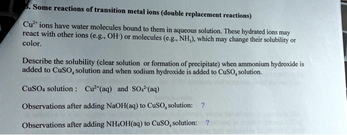 SOLVED: Some reactions of transition metal ions (double replacement ...