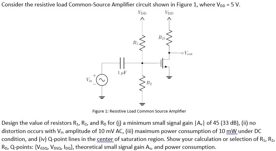 SOLVED: Consider the resistive load Common-Source Amplifier circuit shown in Figure 1, where Vpo ...