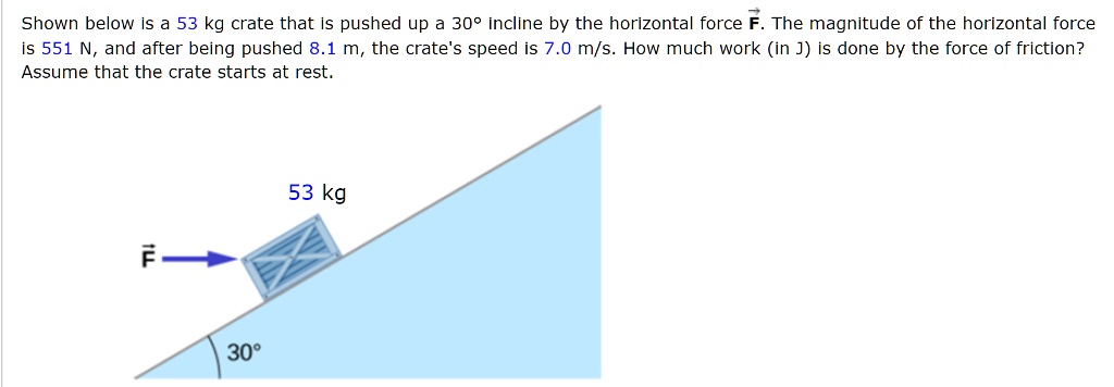SOLVED: Shown below Is a 53 kg crate that Is pushed up a 309 incline by ...