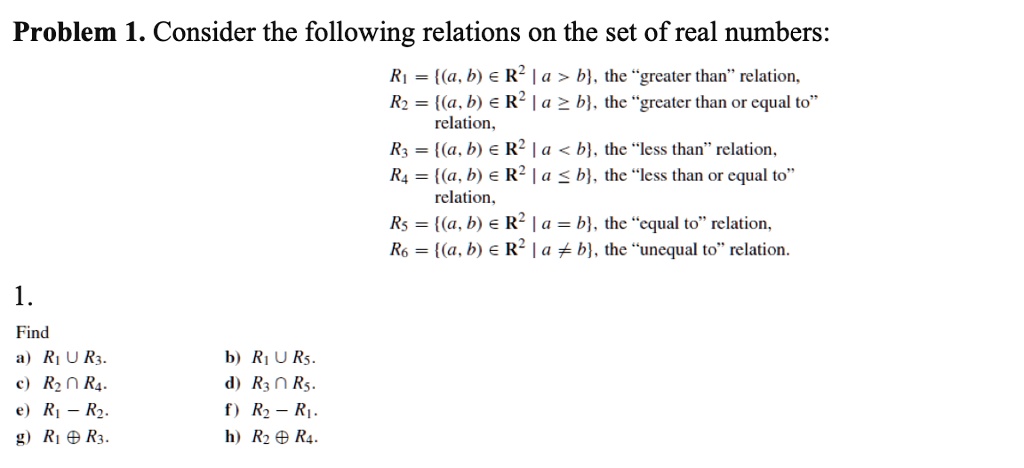 problem 1 consider the following relations on the set of real numbers r a b r2 a b the greater ...