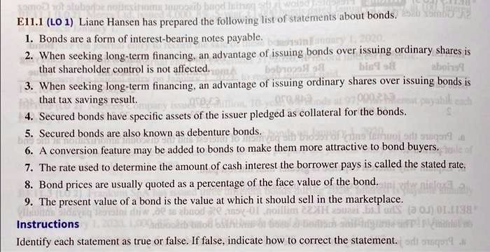 E11.1 (LO 1) Liane Hansen has prepared the following list of statements ...