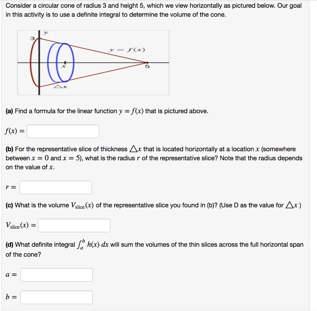 Consider a circular cone of radius 3 and height 5, which we view ...