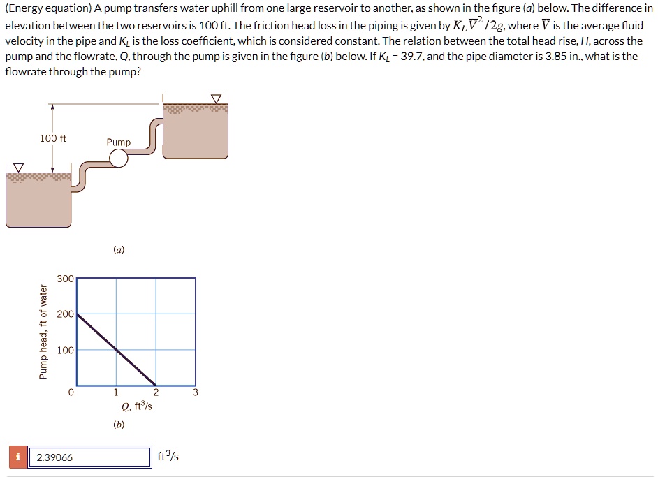 (Energy equation) A pump transfers water uphill from one large ...