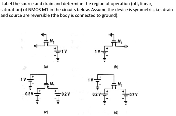 SOLVED: Label the source and drain and determine the region of operation (off, linear ...