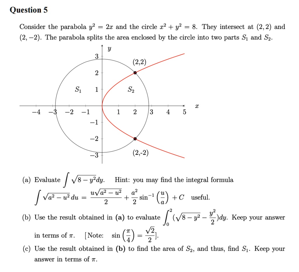 SOLVED: Question 5 Consider the parabola y^2 = 2x and the circle x^2 + y^2 = 8. They intersect ...