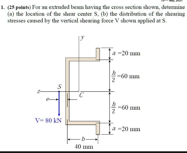 1. (25 points) For an extruded beam having the cross section shown ...