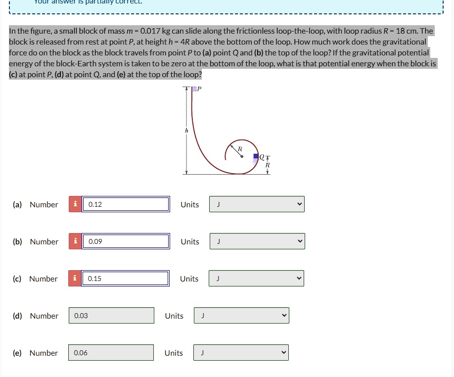 SOLVED: In the figure, a small block of mass m = 0.017 kg can slide along the frictionless loop ...