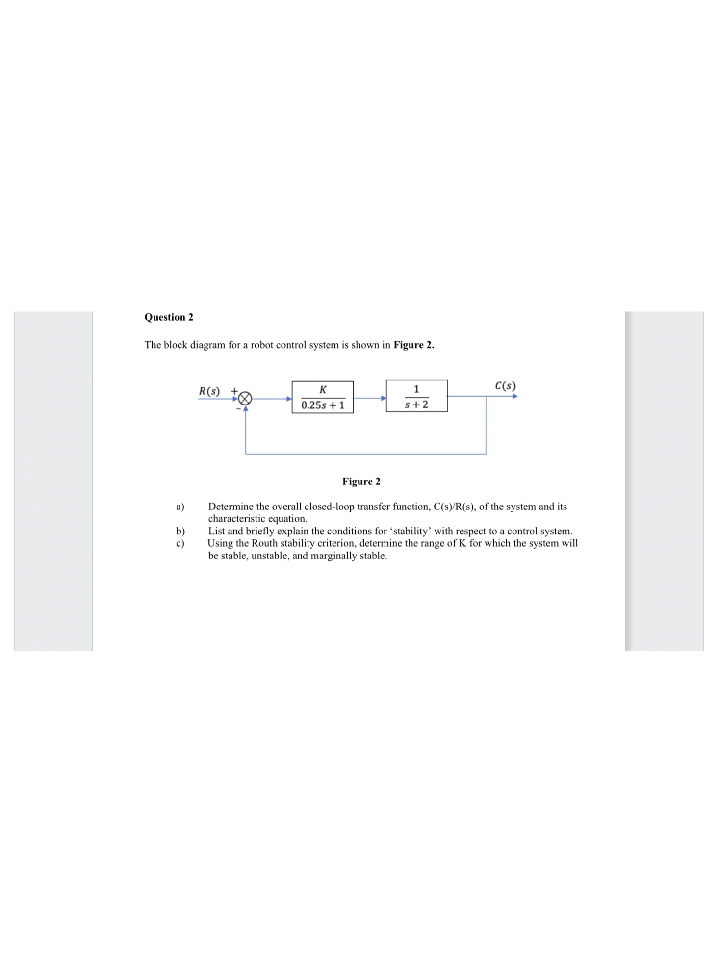 Question 2 The block diagram for a robot control system is shown in ...