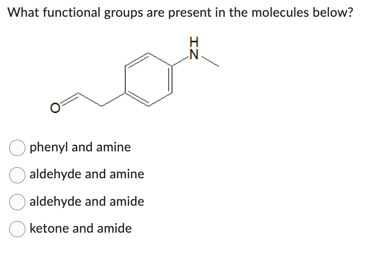 SOLVED: What functional groups are present in the molecules below? phenyl and amine aldehyde and ...
