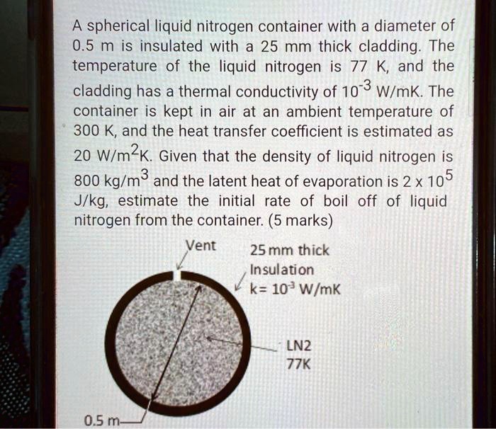 A spherical liquid nitrogen container with a diameter of 0.5 m is ...