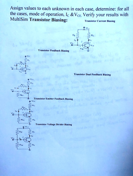 Assign values to each unknown in each case, determine: for all the cases, mode of operation, IC ...