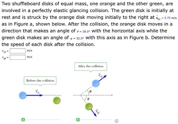 SOLVED: Two shuffleboard disks of equal mass, one orange and the other green, are involved in a ...