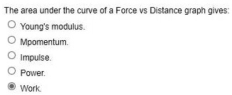 SOLVED: The area under the curve of a Force vs Distance graph gives ...