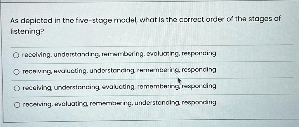 SOLVED: As depicted in the five-stage model, what is the correct order ...