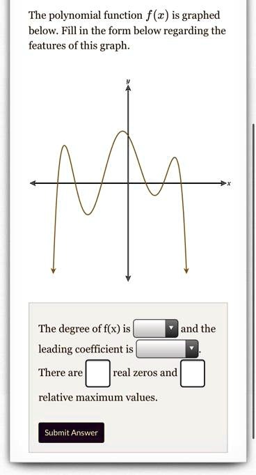 The polynomial function f(x) is graphed below. Fill in the form below regarding the features of ...